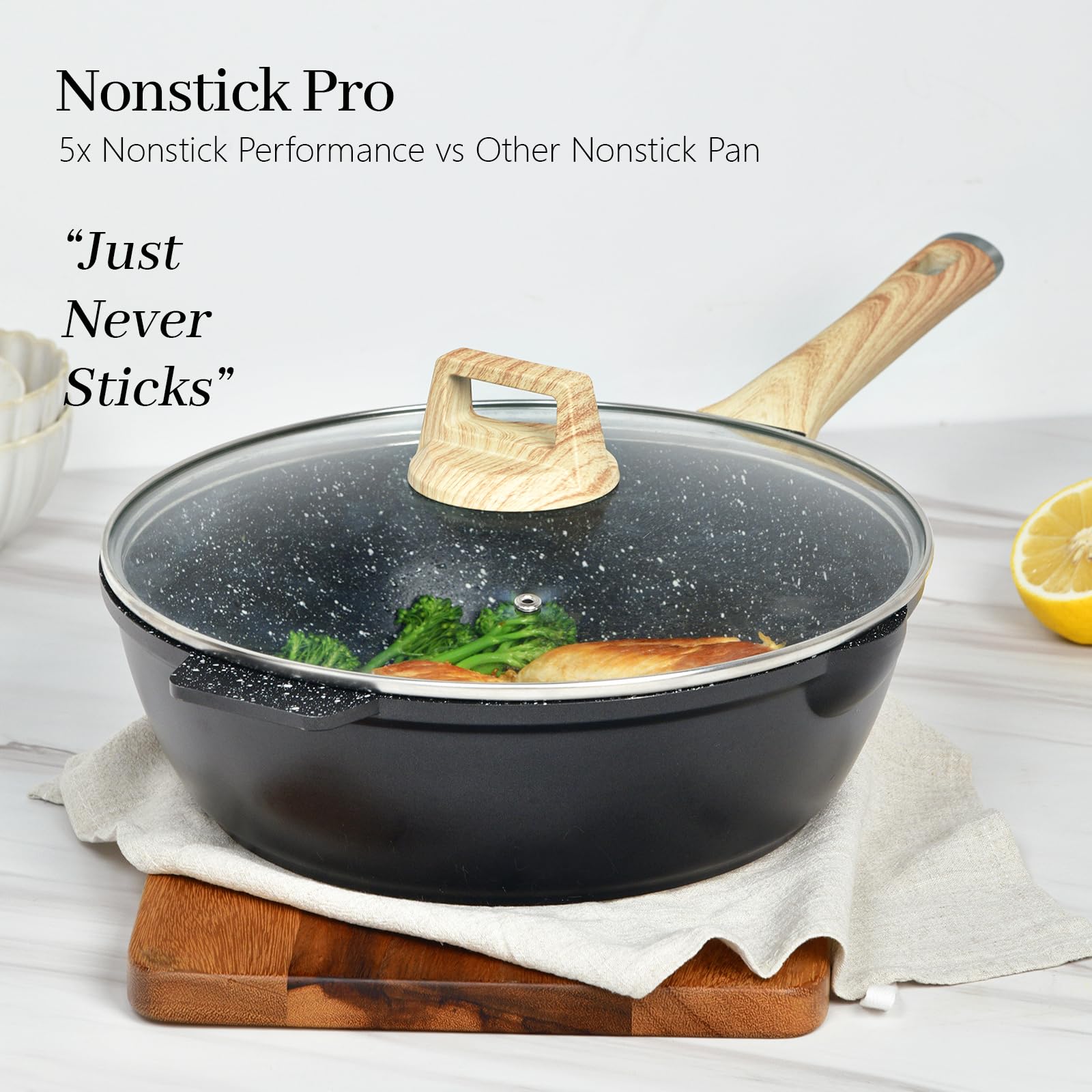 Non Stick Deep Frying Pan with Lid, 12 In / 5.5 Quart Saute Pan with Strainer, Granite Chef Pan Skillet Nonstick for Cooking, 100% PFOA Free Non Toxic Fry Pan for All Stove top Gas Induction