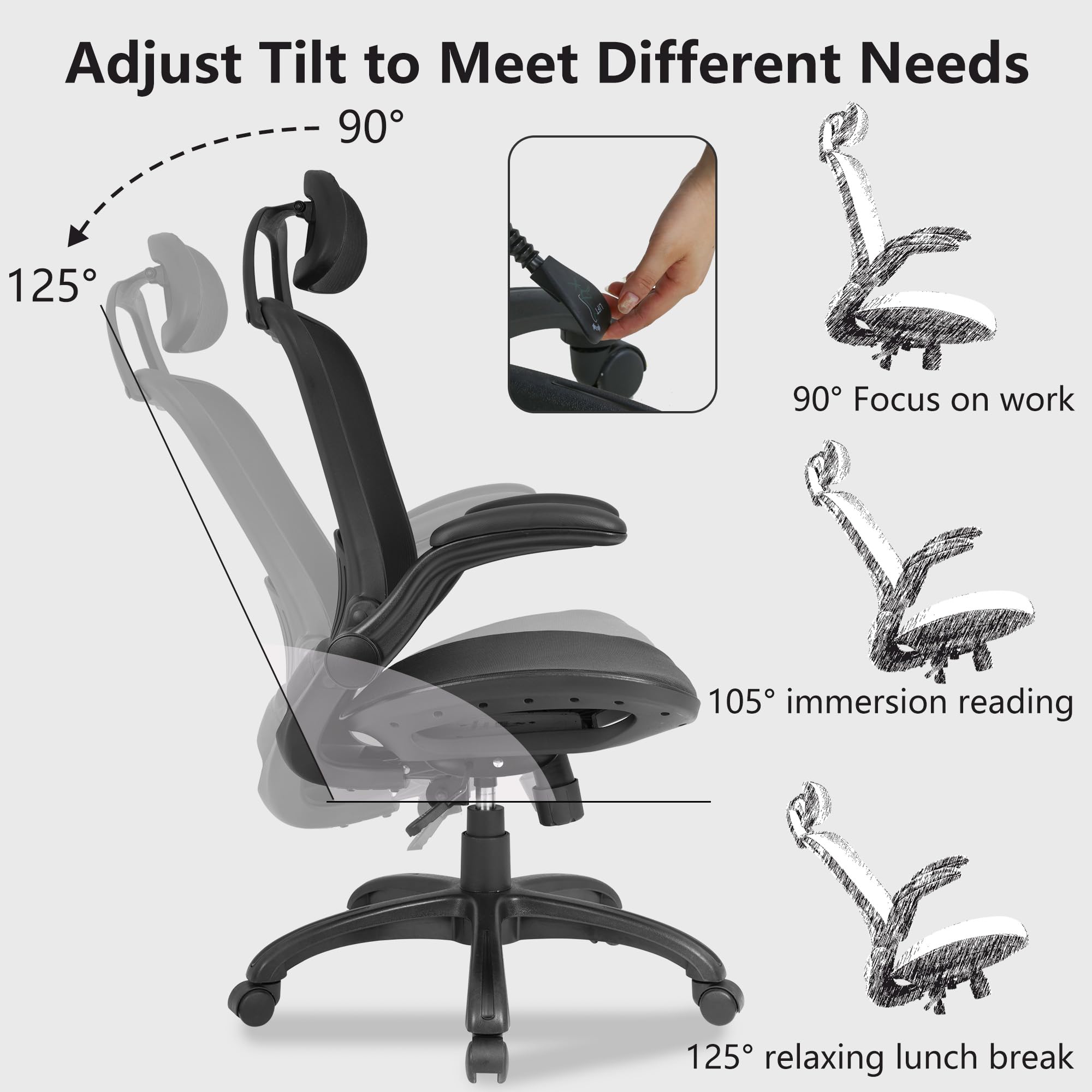 PayLessHere Ergonomic Office Chair Computer Chair High-Back with Rolling Swivel Desk Mesh Chair with Lumbar Support,Headrest,Flip-Up Arms and Adjustable Features (Black)