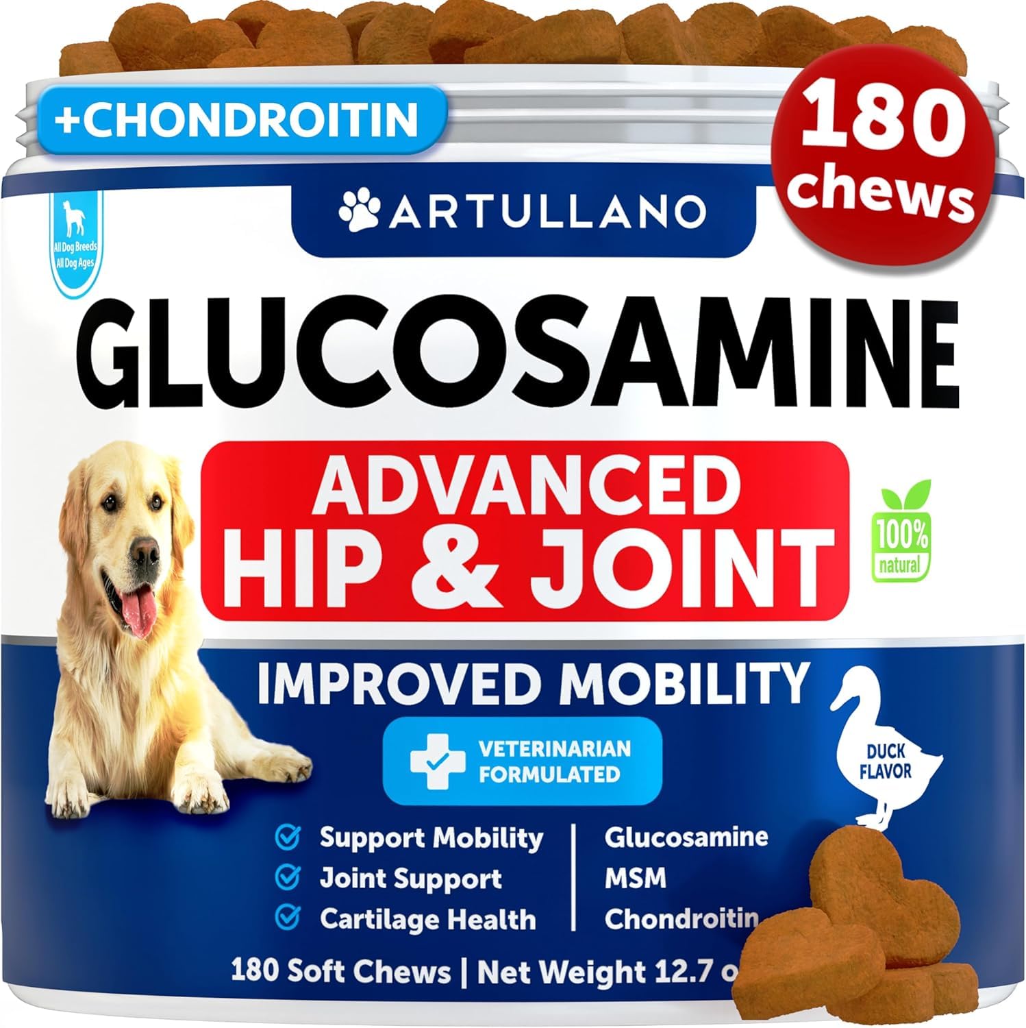 Glucosamine for Dogs - Hip and Joint Supplement for Dogs - 180 Chews - Glucosamine Chondroitin for Dogs, Turmeric, MSM - Dog Glucosamine Support - Dog Joint Pain Relief Health - Duck Flavor