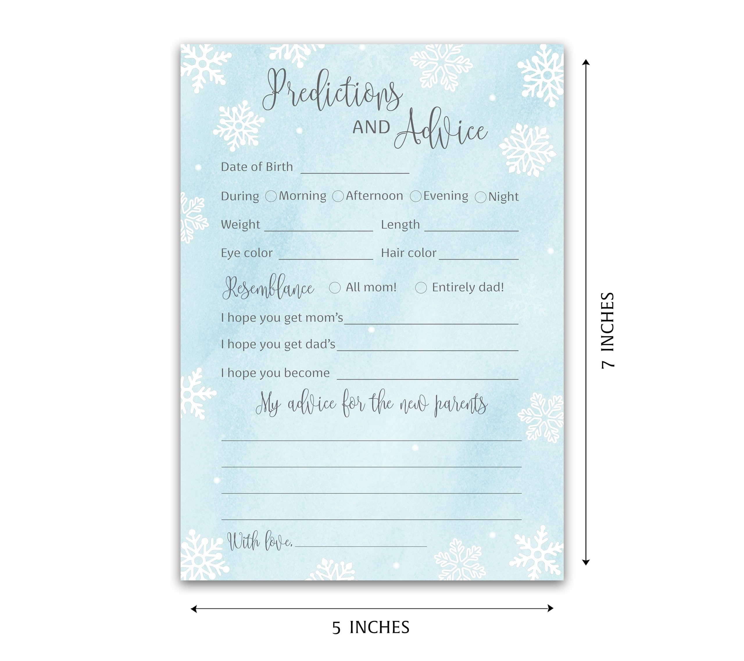 SNOWFLAKES Prediction and Advice Cards - Pack of 25 - WINTER Wonderland BLUE Boy Baby Shower Game, Wishes for Mommy & Daddy Message Baby It’s Cold Outside Activity Keepsake Frost Holiday G781-PDAV