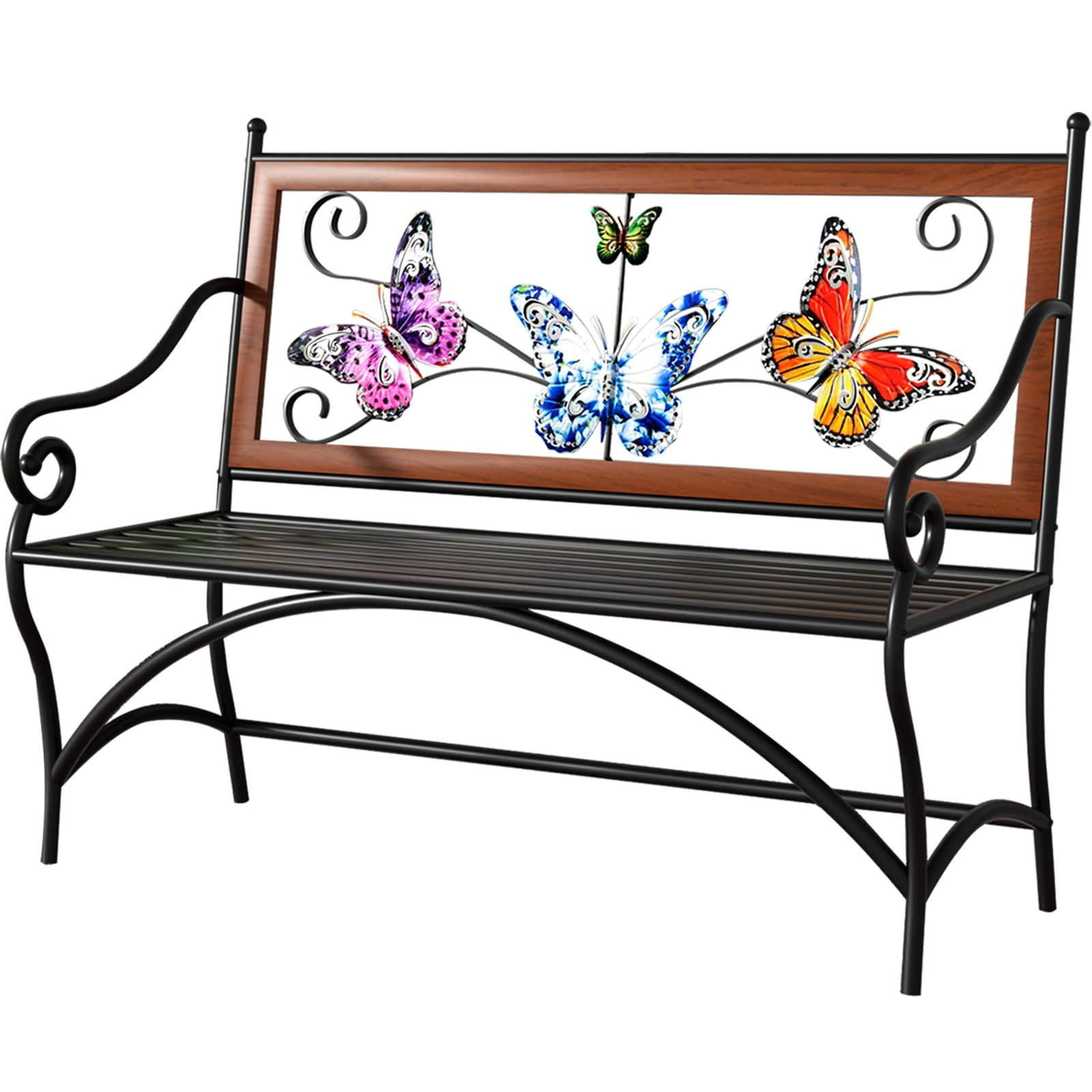 39.7" Outdoor Bench, Garden Bench, Patio Bench with Armrest, Slatted Seat and Butterfly Pattern Backrest for Outside, Front Porch, Park, Lawn, Backyard and Balcony, Cast Iron Metal Frame, Black