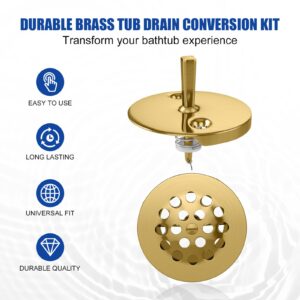 Trip Lever Tub Trim Kit Set With Two Hole Trip Lever Overflow Face Plate, Grid Tub Drain Kit, Bathtub Drain Assembly Stopper Kit, Overflow and Matching Screws(Brushed Gold)