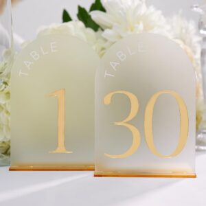 fiqster frosted arch gold table numbers for wedding reception - table numbers 1-30 - 5x7" frosted arch acrylic table signs with gold mirror numbers for banquet, party, event, anniversary (table numbers 1-30)