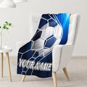 Personalized Soccer Blanket for Teens - 50x60 Inches Throw Size - Soft Fuzzy Cozy Blankets Gift for Soccer Team - Blue Sports Throw Blanket for Couch, Living Room & Office