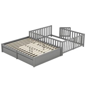 Harper & Bright Designs Kids Full Size Bed with Storage Drawers and Rails Fence, Wood Daybed Frame Montessori Bed for Girls Boys, Can Split into Independent Floor Bed & Daybed, Gray