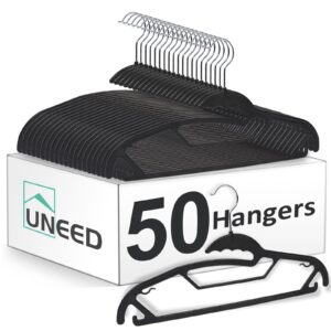 uneed hangers 50 pack - space saving plastic clothes hangers with 360°rotating hook-heavy duty hangers for suits and pants(balck hanger)