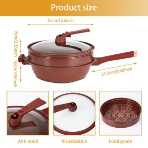 Qivine Non-Stick Clay Wok,12.6 Inch Pottery Clay Frying Pan 2 in 1 Multifunctional Cooking Pan with Steamer Basket Frying Pan and Steamer Micro Pressure Pot