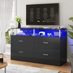 aogllati black dresser for bedroom with 4 drawers,dressers & chests of drawers with column design & charging station, modern bedroom led long dresser for bedroom closet