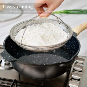 Non Stick Deep Frying Pan with Lid, 12 In / 5.5 Quart Saute Pan with Strainer, Granite Chef Pan Skillet Nonstick for Cooking, 100% PFOA Free Non Toxic Fry Pan for All Stove top Gas Induction