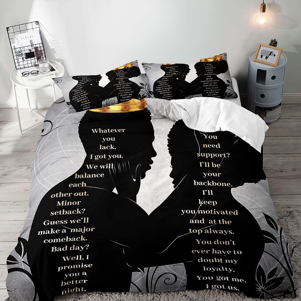 LUVIVIHOME 3PCS African American Bedding Sets, Grey Black Duvet Cover Queen, Afro King Melanin Queen Comforter Bedspread Quilt Cover, Romantic Valentine's Day Anniversary Couple Gifts, 2 Pillow Shams