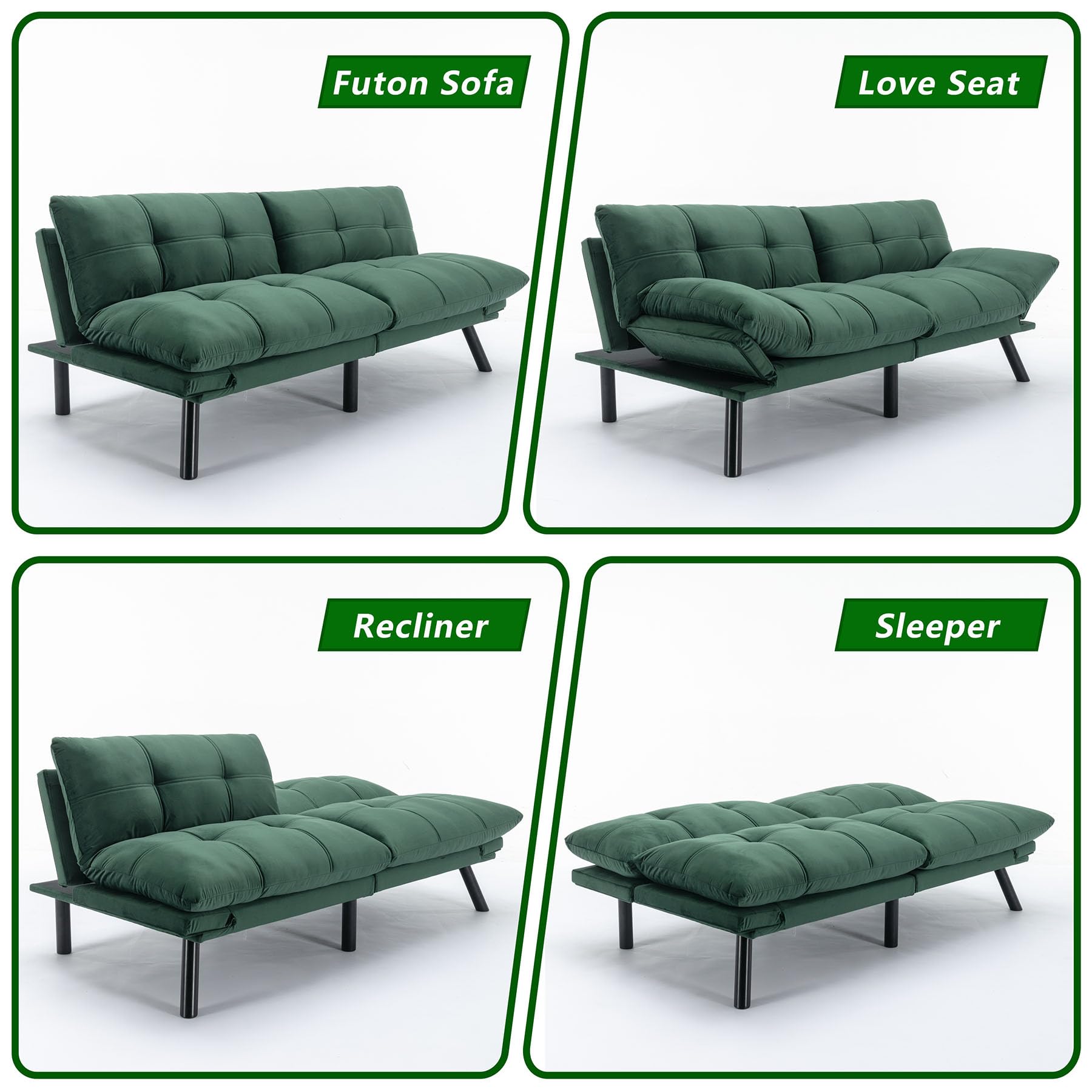 70“ Modern Velvet Futon Couch Sleeper,Convertible Sleeper Sofa Bed with Adjustable Backrests and Folding Armrest for Living Room Bedroom Office Apartment,Split Back,Mattress Included (Green)