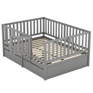 Harper & Bright Designs Kids Full Size Bed with Storage Drawers and Rails Fence, Wood Daybed Frame Montessori Bed for Girls Boys, Can Split into Independent Floor Bed & Daybed, Gray