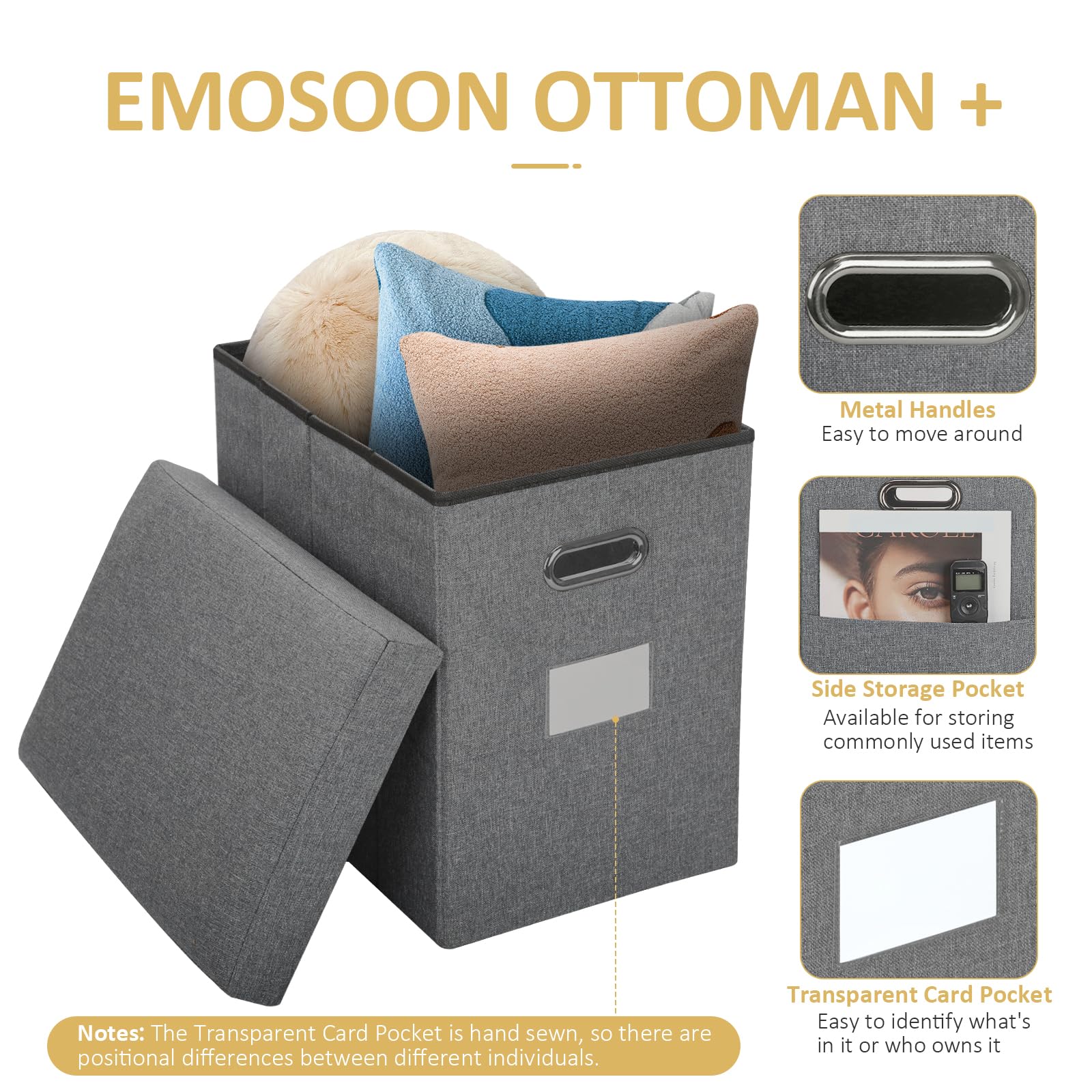 Emosoon Tall Ottoman with Storage Collapsible Fabric Small Slim Folding Ottoman Furniture with Handles Lid Ottoman for Room Footrest Foot Stool Linen Grey 16.5x16.5x11.8in