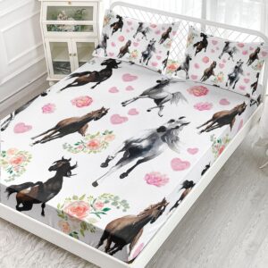 Smell Sunshine Horses Sheets Set 4Pcs for Kids,Horses Flowers Printed Sheet Set with 1 Flat Sheet and 1 Fitted Sheet + 2 Pillowcases(Horses Flowers Full)