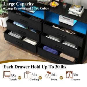 Loomie 6 Drawers Dresser with Power Outlets and LED Lights, Black Dresser with 2 Top Cubby, Tall Wide Fabric Double Chest of Drawers,Modern Dresser Tv Stand for up to 60" TV for Bedroom, Living Room