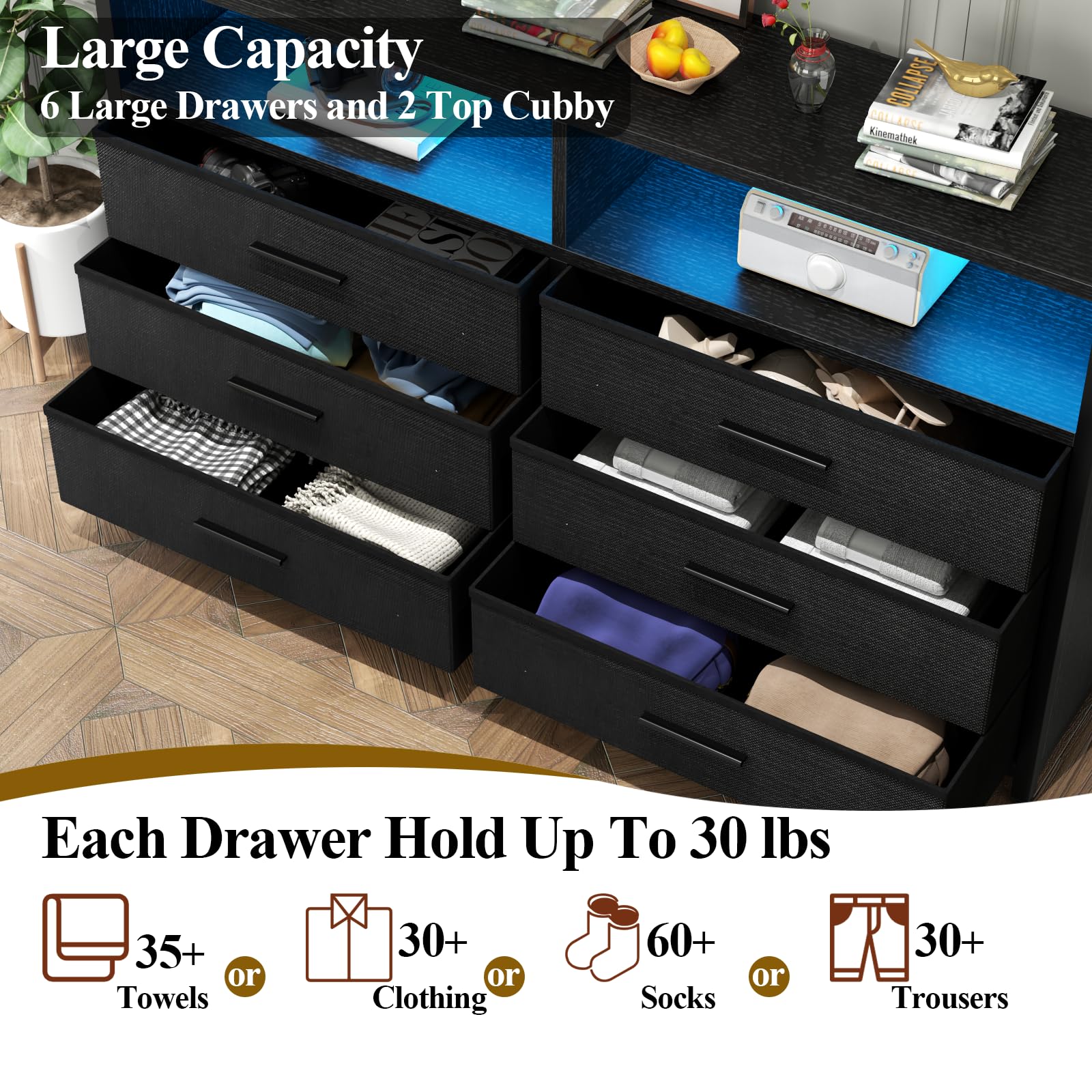 Loomie 6 Drawers Dresser with Power Outlets and LED Lights, Black Dresser with 2 Top Cubby, Tall Wide Fabric Double Chest of Drawers,Modern Dresser Tv Stand for up to 60" TV for Bedroom, Living Room