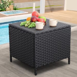 lviden outdoor wicker storage side table, patio black pe rattan end table with storage, square container for furniture covers, toys, and gardening tools