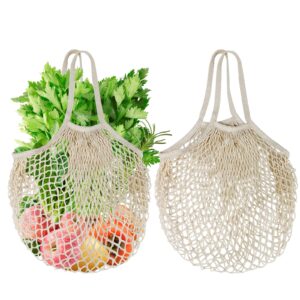 mordx 2 pack premium mesh grocery bags,100% cotton string mesh bags,long handle net tote bags,reusable produce bags,washable,portable，fruit and vegetable storage bags,beige