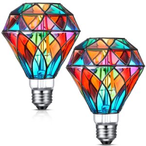 baquler 2 pcs stained glass led light bulb e26 base a60 colorful lightbulb 120v flickering lightbulb bulbs for christmas xmas home balcony garden party decoration(diamond shape, 6w)