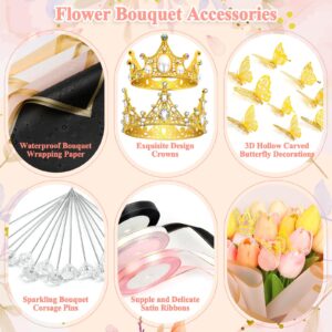 cridoz 195Pcs Flower Bouquet Accessories Supplies, 40 Flower Wrapping Paper, 4 Gold Crowns, 48 Butterfly Decorations, 100 Flower Pins and 3 Ribbons for Mother's Day Wedding Baby Shower Graduation