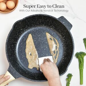 Non Stick Deep Frying Pan with Lid, 12 In / 5.5 Quart Saute Pan with Strainer, Granite Chef Pan Skillet Nonstick for Cooking, 100% PFOA Free Non Toxic Fry Pan for All Stove top Gas Induction