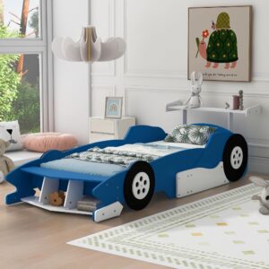 bellemave twin size race car bed for kids,wood car-shaped platform bed with storage shelves,car bed twin with wheels for boys,girls,(twin,blue)