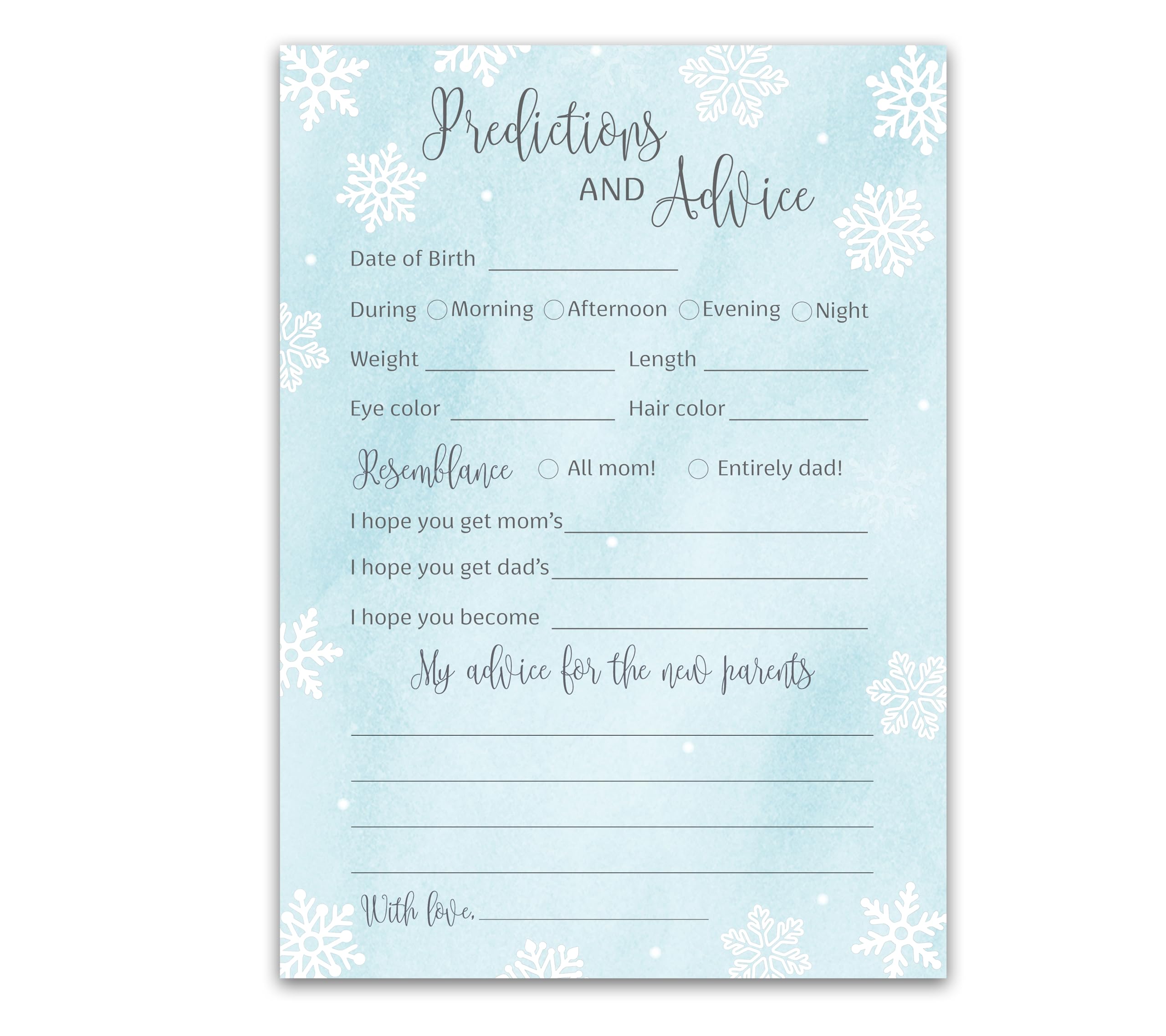 SNOWFLAKES Prediction and Advice Cards - Pack of 25 - WINTER Wonderland BLUE Boy Baby Shower Game, Wishes for Mommy & Daddy Message Baby It’s Cold Outside Activity Keepsake Frost Holiday G781-PDAV