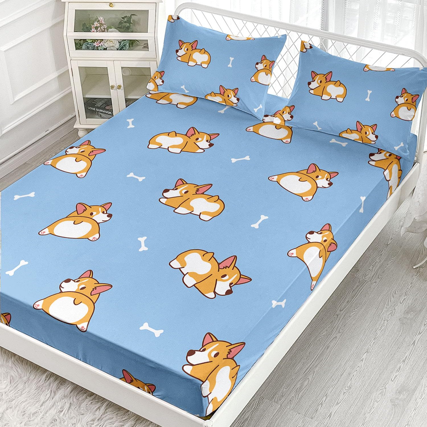 Smell Sunshine Cute Puppy Sheets Set 4Pcs for Kids,Cute Puppy Printed Sheet Set with 1 Flat Sheet and 1 Fitted Sheet + 2 Pillowcases(Cute Puppy Queen)