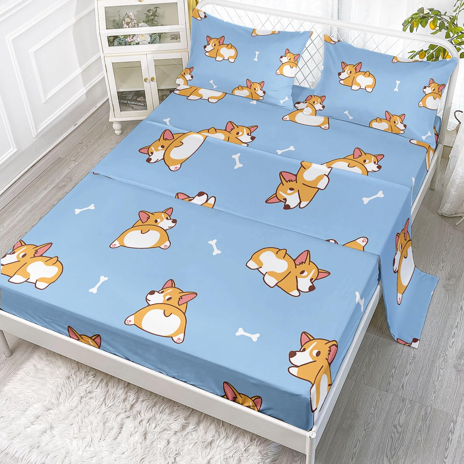 Smell Sunshine Cute Puppy Sheets Set 4Pcs for Kids,Cute Puppy Printed Sheet Set with 1 Flat Sheet and 1 Fitted Sheet + 2 Pillowcases(Cute Puppy Queen)