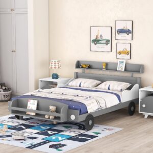 race car bed full size, wooden low bed frame with storage headboard and footboard, playhouse bed for kids, boys girls, gray