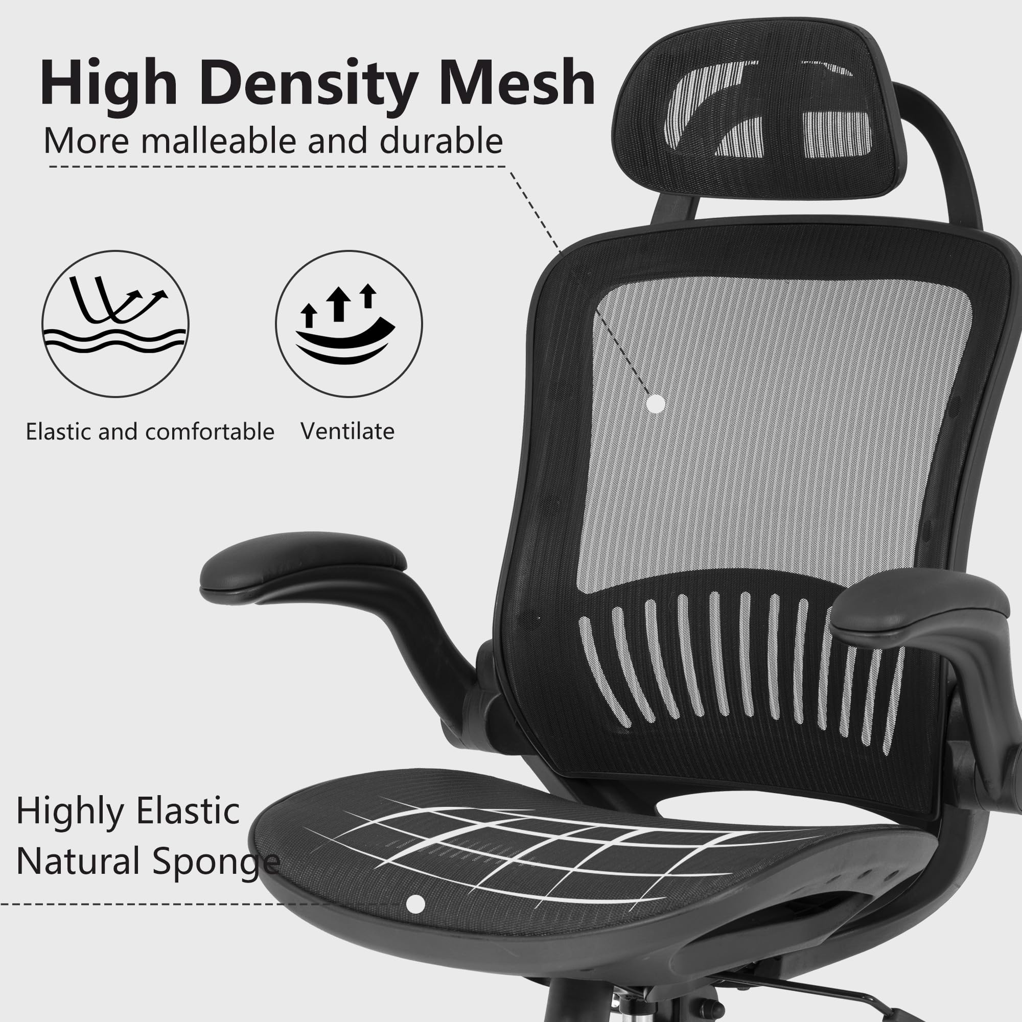 PayLessHere Ergonomic Office Chair Computer Chair High-Back with Rolling Swivel Desk Mesh Chair with Lumbar Support,Headrest,Flip-Up Arms and Adjustable Features (Black)