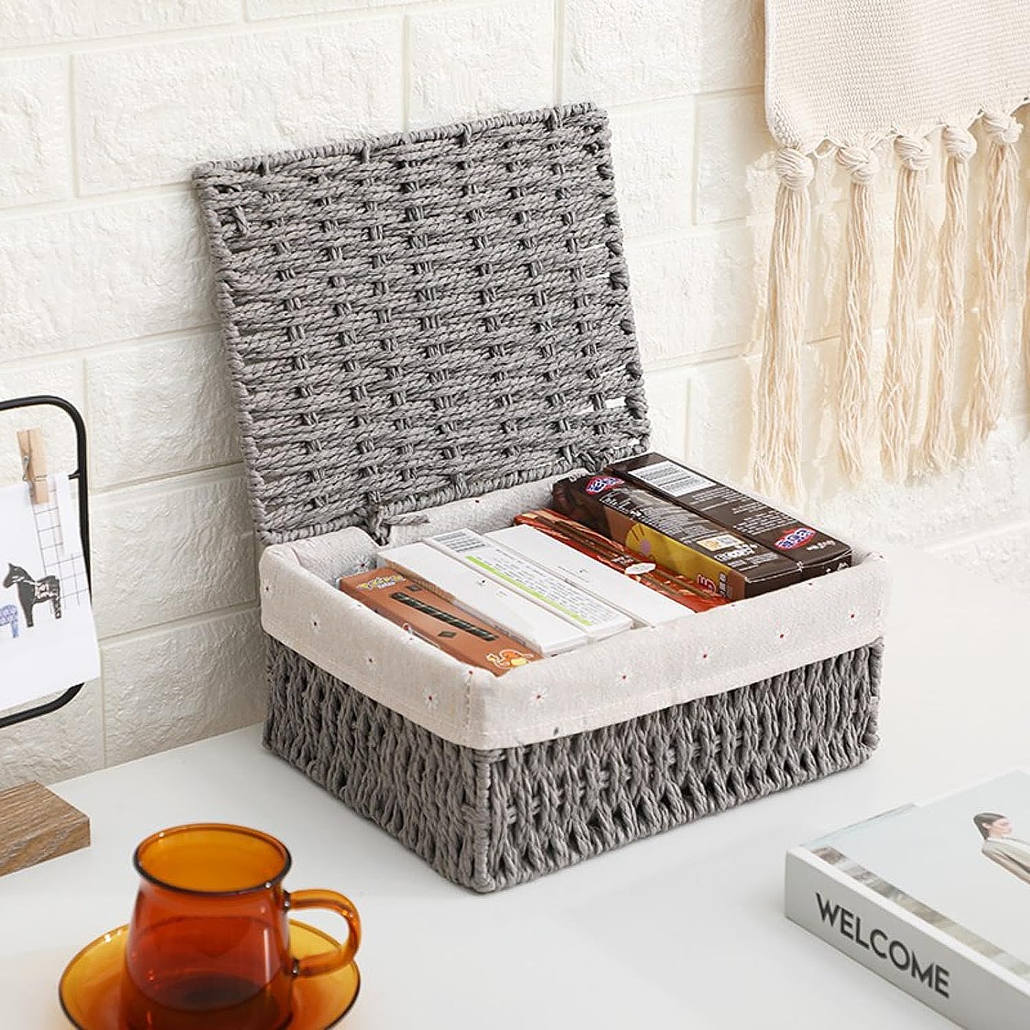 GIB Wicker Woven Storage Baskets with Lids Set of 3 Size, Paper Rope Small Nesting Baskets Removable Liner Container Bins for Shelves Desk Keys Gifts Makeup Organizer, Grey