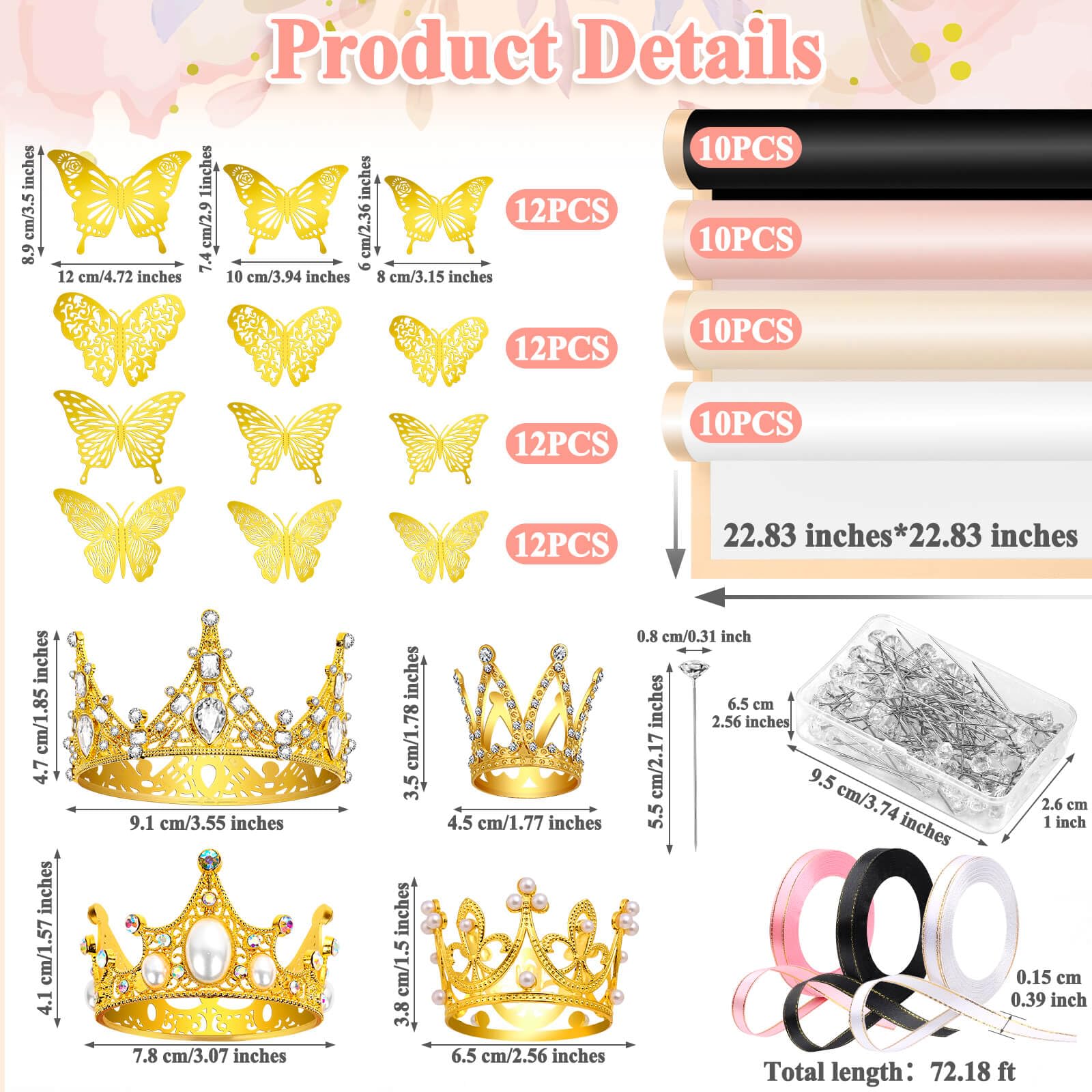 cridoz 195Pcs Flower Bouquet Accessories Supplies, 40 Flower Wrapping Paper, 4 Gold Crowns, 48 Butterfly Decorations, 100 Flower Pins and 3 Ribbons for Mother's Day Wedding Baby Shower Graduation