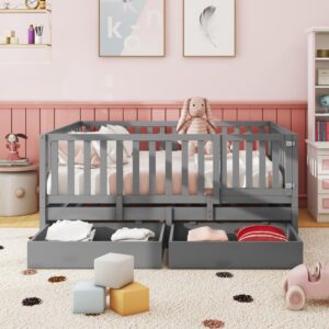 Harper & Bright Designs Kids Full Size Bed with Storage Drawers and Rails Fence, Wood Daybed Frame Montessori Bed for Girls Boys, Can Split into Independent Floor Bed & Daybed, Gray