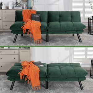 70“ Modern Velvet Futon Couch Sleeper,Convertible Sleeper Sofa Bed with Adjustable Backrests and Folding Armrest for Living Room Bedroom Office Apartment,Split Back,Mattress Included (Green)