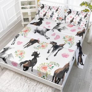 smell sunshine horses sheets set 4pcs for kids,horses flowers printed sheet set with 1 flat sheet and 1 fitted sheet + 2 pillowcases(horses flowers full)