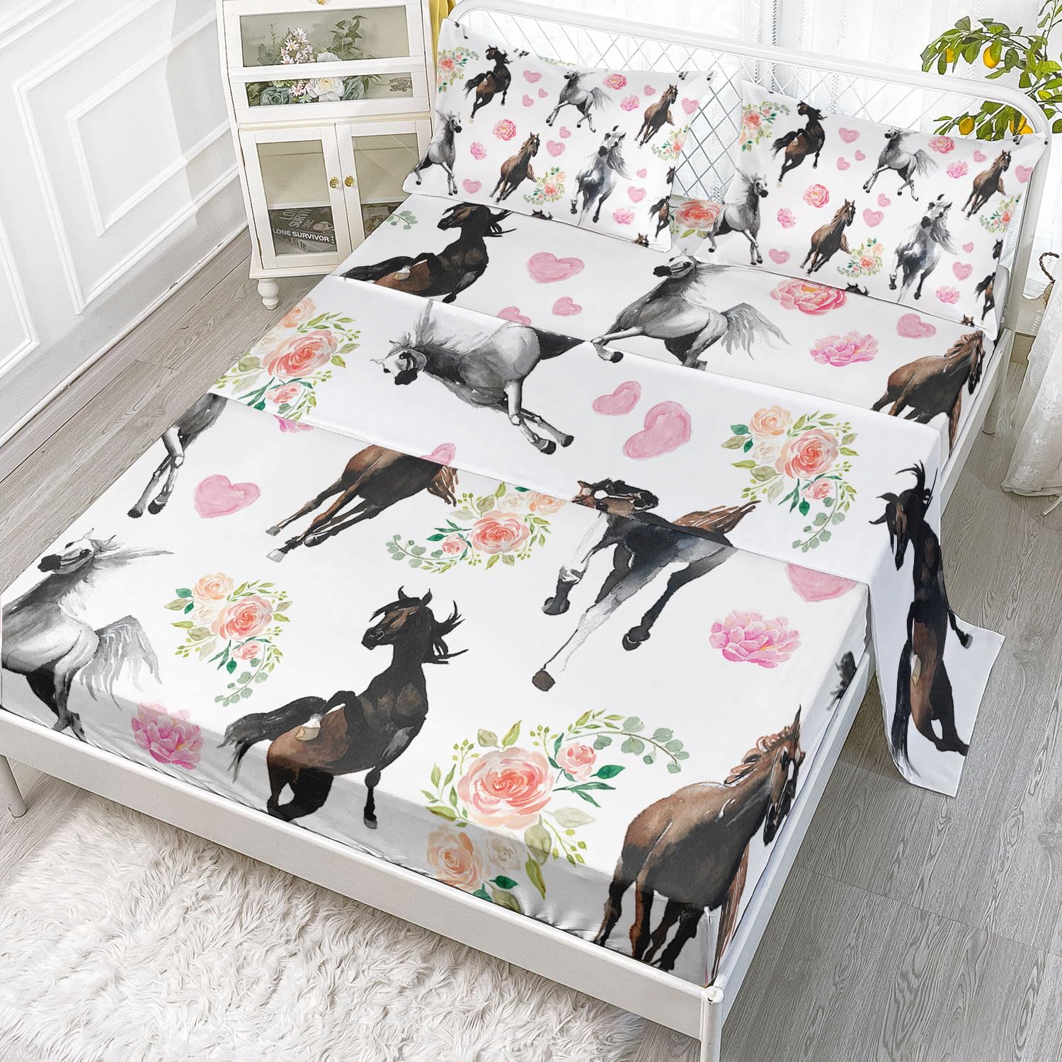 Smell Sunshine Horses Sheets Set 4Pcs for Kids,Horses Flowers Printed Sheet Set with 1 Flat Sheet and 1 Fitted Sheet + 2 Pillowcases(Horses Flowers Full)