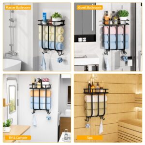 GAGUIUP Towel Racks for Bathroom, Wall Mounted Towel Rack with Metal Shelf & 4 Hanging Hooks, Towel Shelf Towel Storage for Small Bathroom, Can Hold 3 Large Size Rolled Towel Holder Organizer, Black