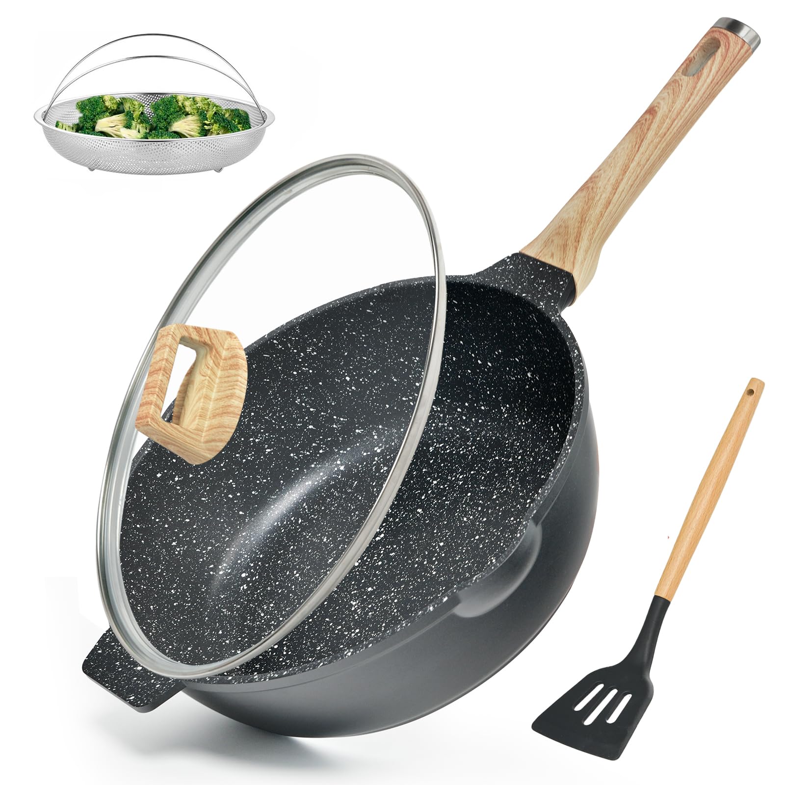 Non Stick Deep Frying Pan with Lid, 12 In / 5.5 Quart Saute Pan with Strainer, Granite Chef Pan Skillet Nonstick for Cooking, 100% PFOA Free Non Toxic Fry Pan for All Stove top Gas Induction