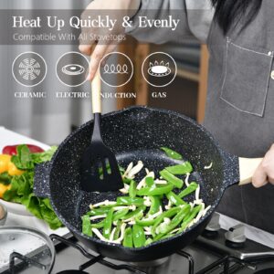 Non Stick Deep Frying Pan with Lid, 12 In / 5.5 Quart Saute Pan with Strainer, Granite Chef Pan Skillet Nonstick for Cooking, 100% PFOA Free Non Toxic Fry Pan for All Stove top Gas Induction