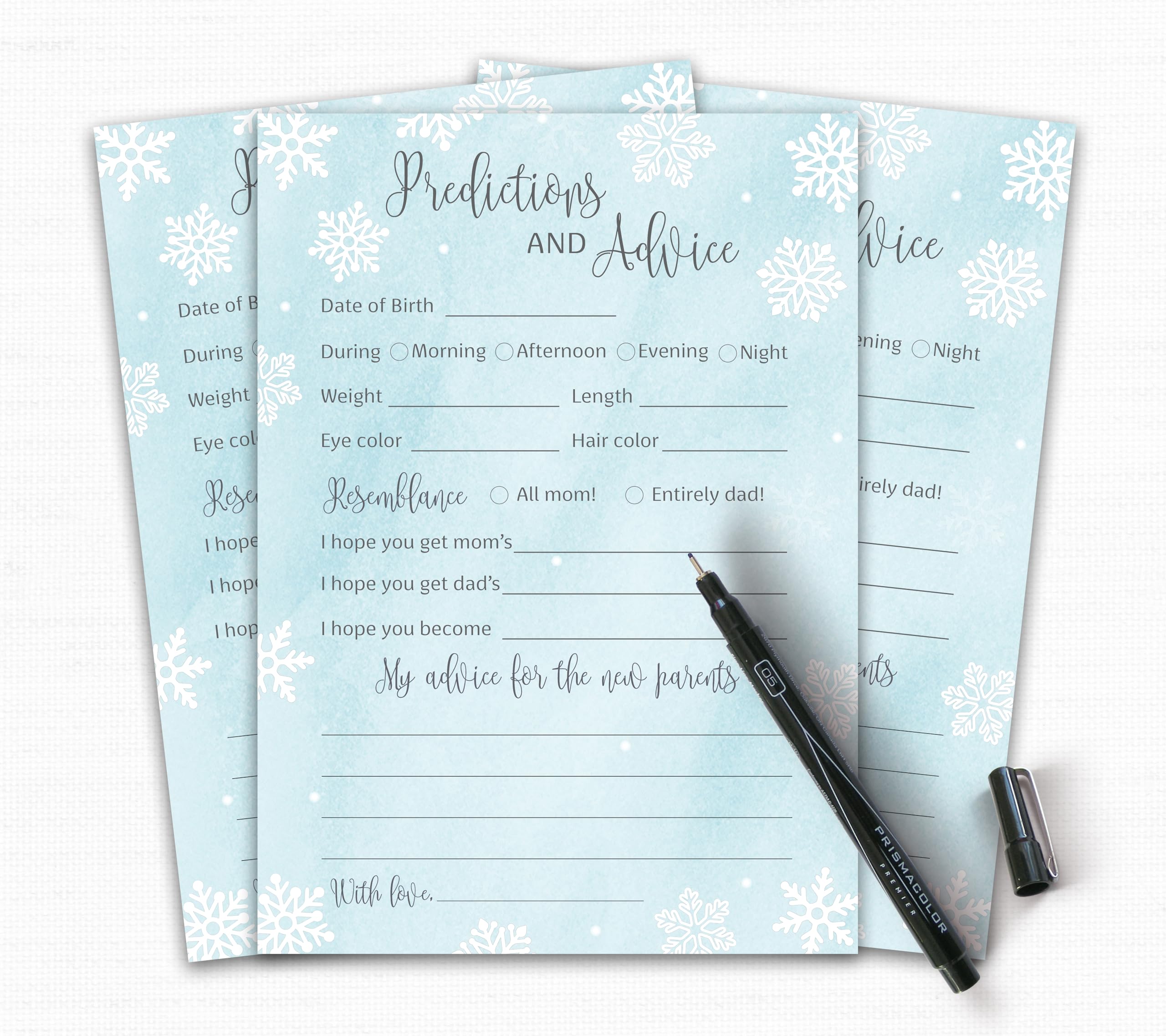 SNOWFLAKES Prediction and Advice Cards - Pack of 25 - WINTER Wonderland BLUE Boy Baby Shower Game, Wishes for Mommy & Daddy Message Baby It’s Cold Outside Activity Keepsake Frost Holiday G781-PDAV