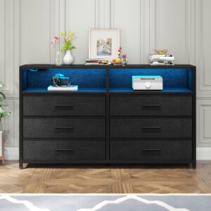 Loomie 6 Drawers Dresser with Power Outlets and LED Lights, Black Dresser with 2 Top Cubby, Tall Wide Fabric Double Chest of Drawers,Modern Dresser Tv Stand for up to 60" TV for Bedroom, Living Room