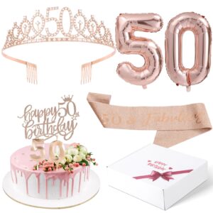 50th birthday decorations gifts for women birthday party favors including 50th crown/tiara,"birthday fabulous" 50th sash,50th birthday candles and cake toppers, rose gold 50th balloons