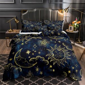 merryword sun and moon comforter set queen size blue gold bedding comforter blue universe galaxy sun moon pattern bohemian gothic comforter set for kids boys teens