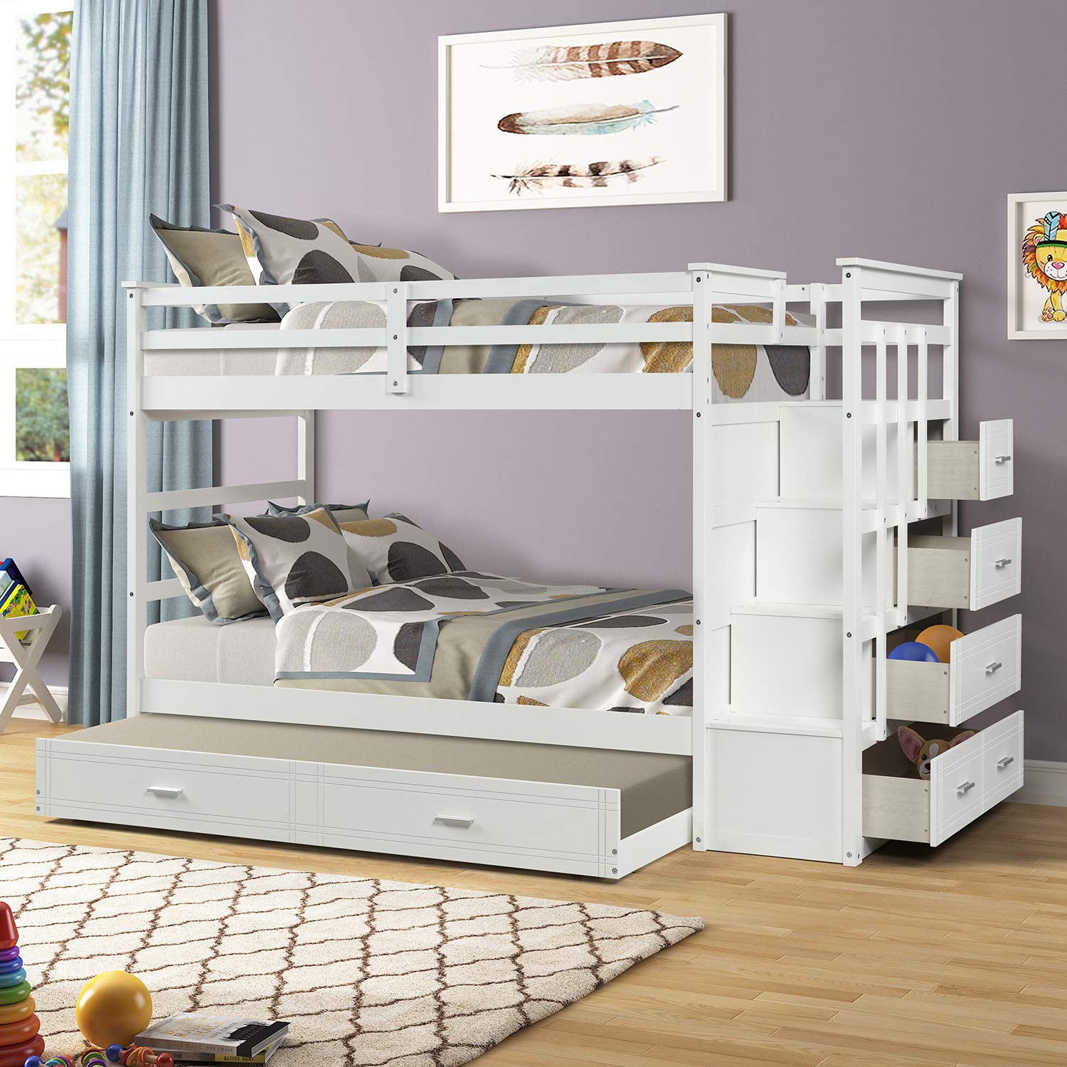 Twin Over Twin Bunk Bed with Twin Size Trundle, Solid Wood Bunk Beds with 4 Storage Drawers, Staircase and Safety Guard Rail, No Box Spring Needed (White)