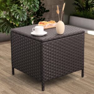 lviden outdoor wicker storage side table, patio brown pe rattan end table with storage, square container for furniture covers, toys, and gardening tools