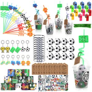 liyiq 158 pcs soccer party favors soccer party supplies with cup straw stress ball keychain sticker slaps bracelets whistle thank you tags for soccer birthday decorations (soccer)