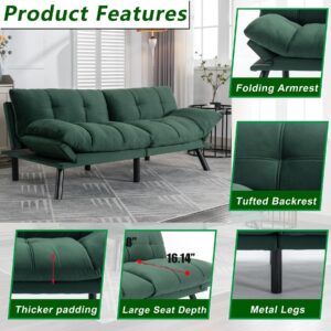 70“ Modern Velvet Futon Couch Sleeper,Convertible Sleeper Sofa Bed with Adjustable Backrests and Folding Armrest for Living Room Bedroom Office Apartment,Split Back,Mattress Included (Green)