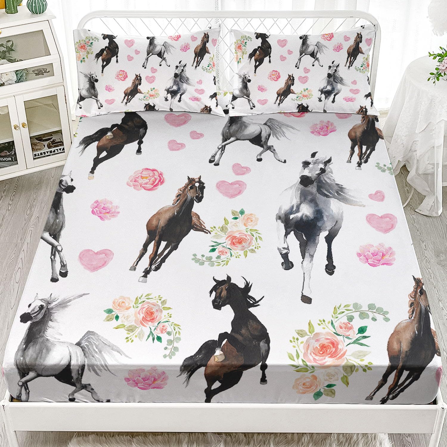 Smell Sunshine Horses Sheets Set 4Pcs for Kids,Horses Flowers Printed Sheet Set with 1 Flat Sheet and 1 Fitted Sheet + 2 Pillowcases(Horses Flowers Full)