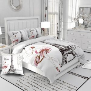 Erosebridal Eiffel Tower Duvet Cover Queen Size,Girls Ballet Comforter Cover for Ballet Lovers,Black White Bed Cover,Retro Music Notes Bedding Set,Romantic Ballerina Bed Set 3Pcs with 2 Pillow Cases